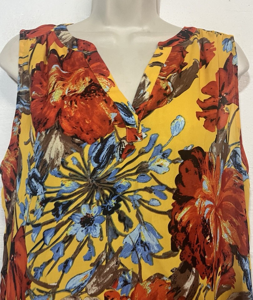 Dalia Medium Sleeveless Blouse Yellow Red Floral V-Neck Tropical Tank ...