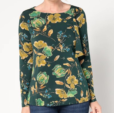 Susan Graver Size 4X Pine/Citron Foil Printed Liquid Knit LS Top w/ Tie ...