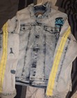 Men’s Distressed Graphic Denim Jacket Yellow Stripes Paint Splatter ...