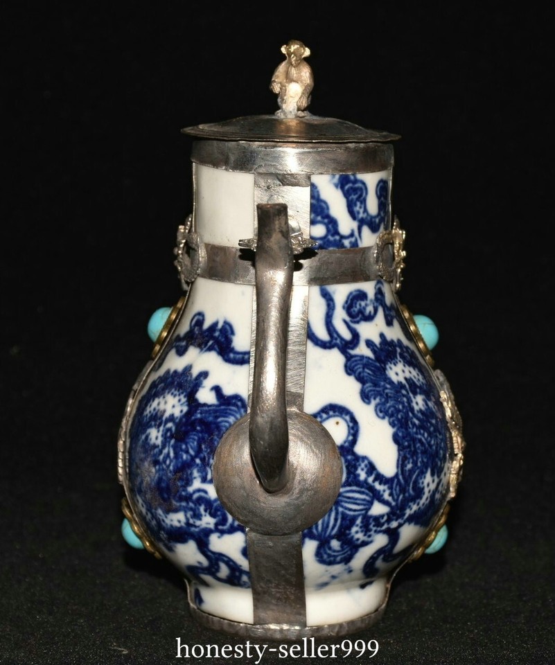4.7'' Old Blue White Porcelian Inlay Bronze Gem Foo Fu Dog Wine Tea Pot ...