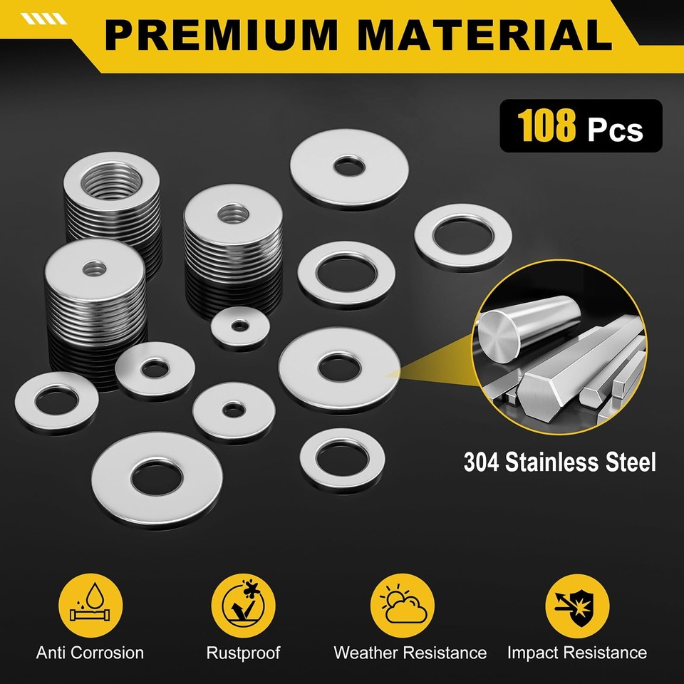 108Pcs 304 Stainless Steel Flat Washers, Fender Washers Assortment Kit ...