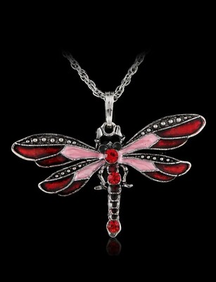 Women's Girls Silver Red Dragonfly Rhinestone necklace pendant,new ...