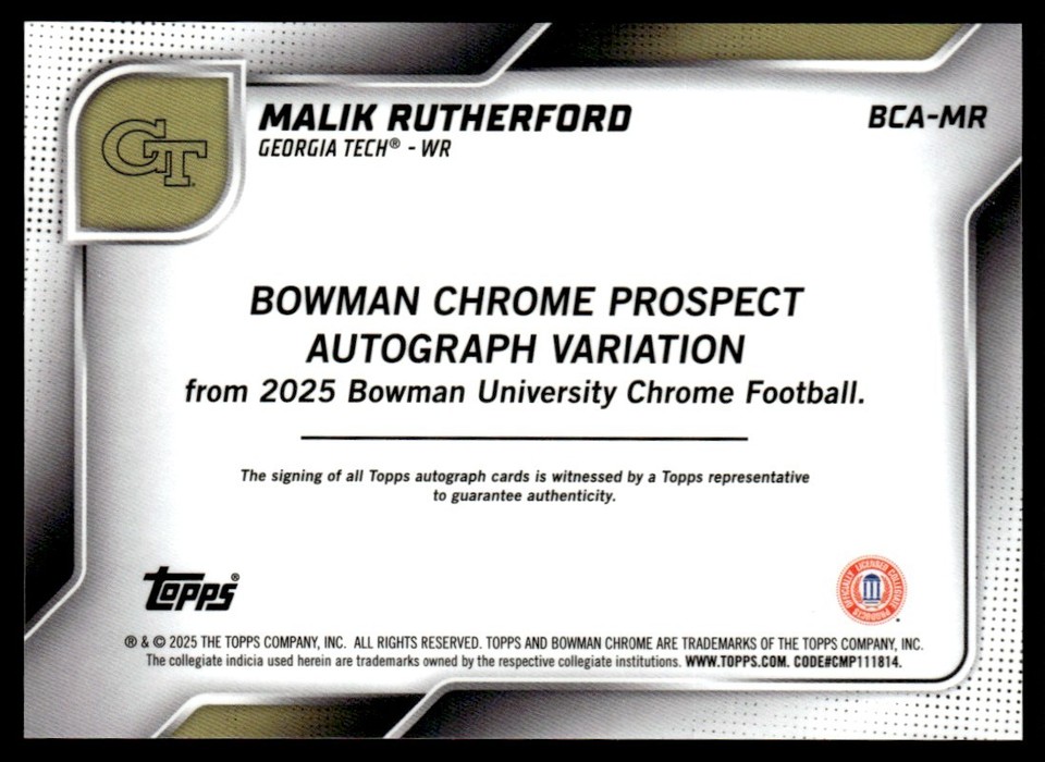 2025 Bowman University Blue Mini Diamond Auto Malik Rutherford 119/150 ...