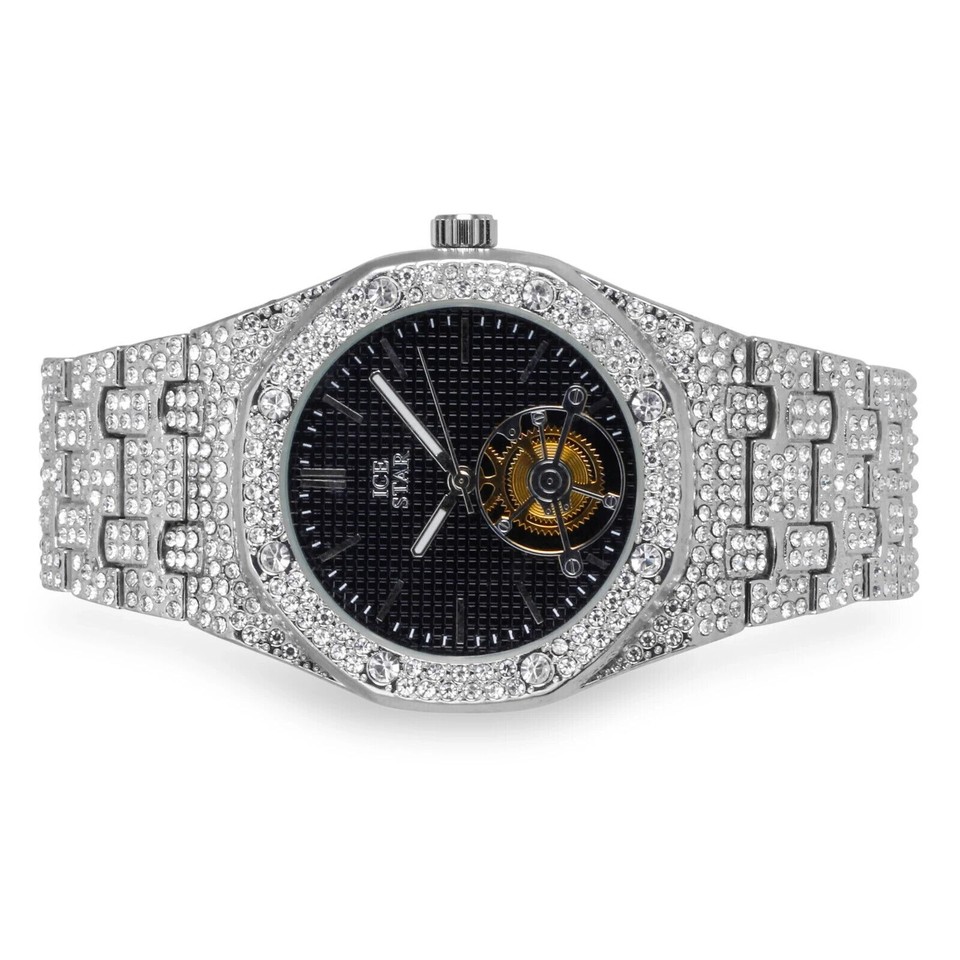 Luxury Iced Hip Hop Silver Plated Rapper Bling Metal Band Black Dial ...