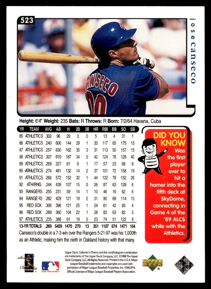 1998 Collectors Choice Jose Canseco #523 Blue Jays 111222 | eBay