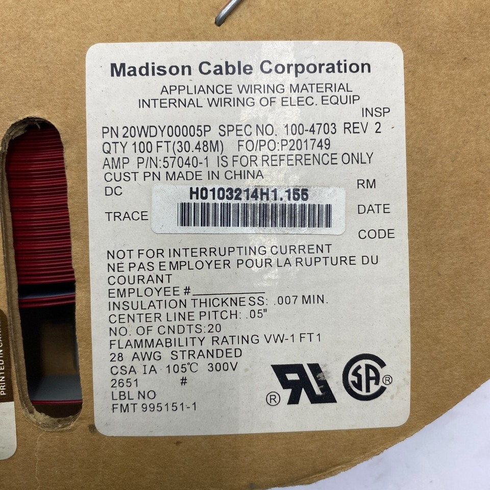 MADISON CABLE CORPORATION 20WDY00005P FLAT CABLE 100FT (30.48M) REV 2 ...