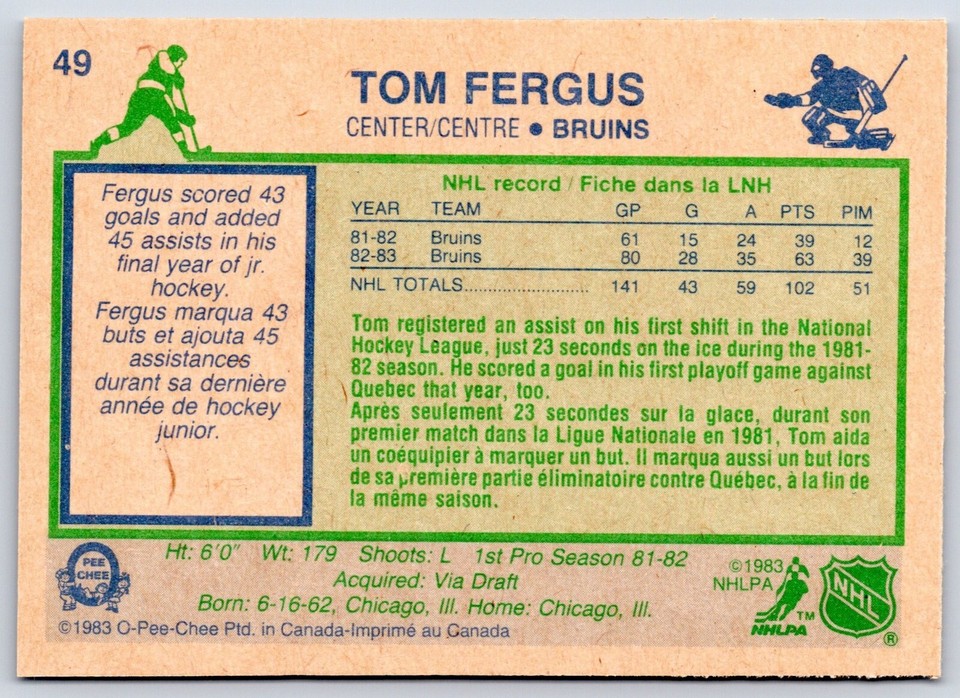 TOM FERGUS 1983-84 O-PEE-CHEE NHL HOCKEY 83-84 #49 NRMINT+ 27734 | eBay