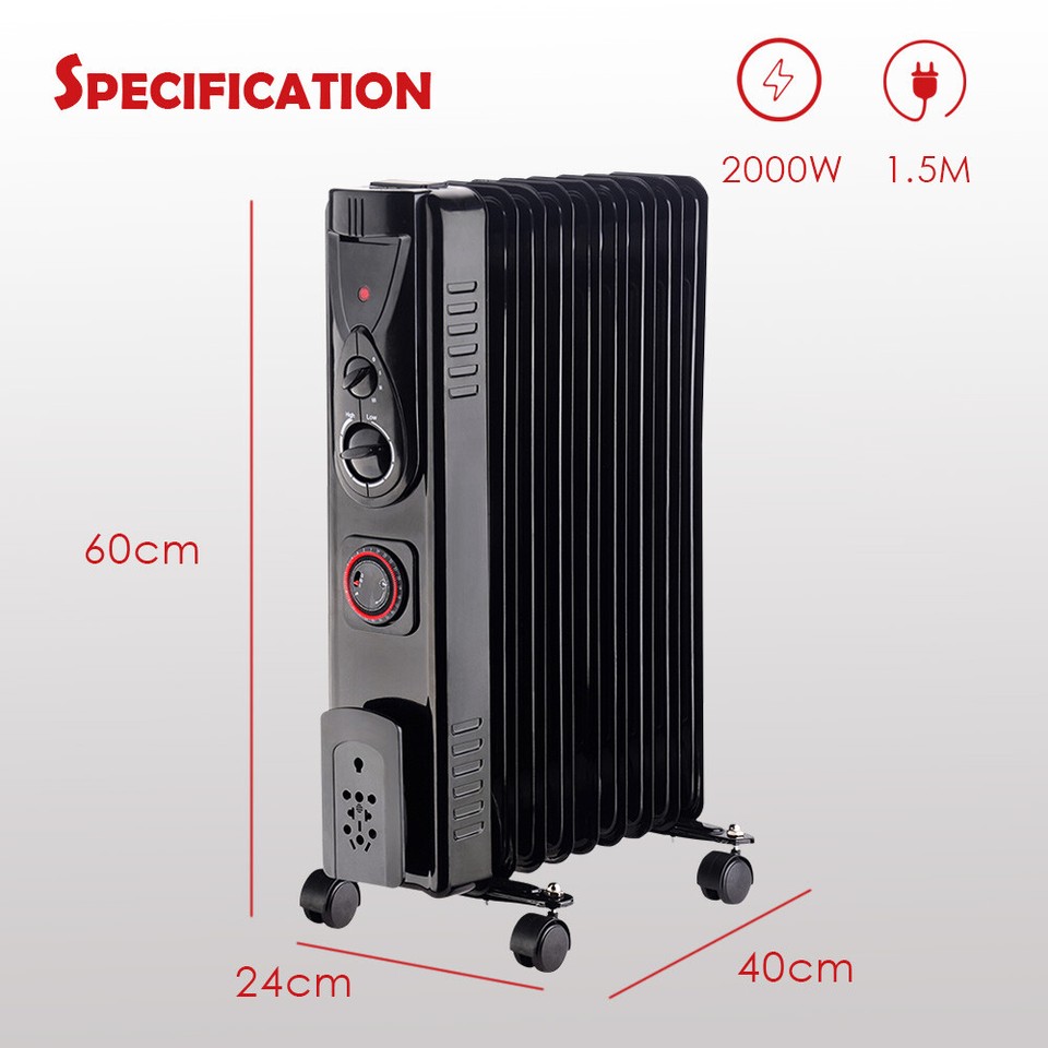 Electric Oil Filled Radiator 2000W 9 Fin Portable Heater with 24H Timer ...