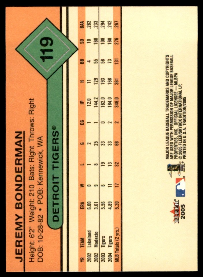 2005 Fleer Tradition Jeremy Bonderman . Detroit Tigers #119 | eBay