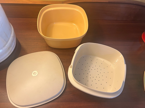 Vtg Tupperware Mustard Yellow Steam-N-Store Bowl With Lid & Strainer ...