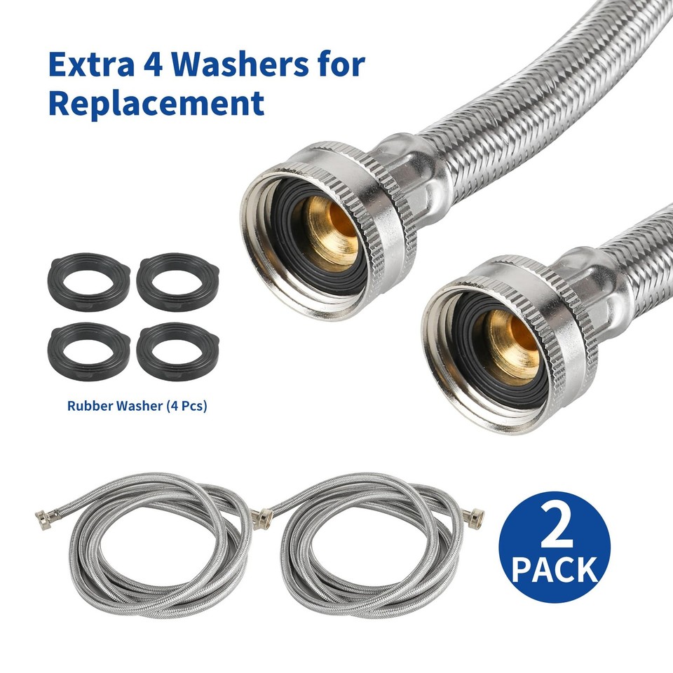 2 Pack 10 Foot Washing Machine Hoses Stainless Steel Burst Proof Water ...
