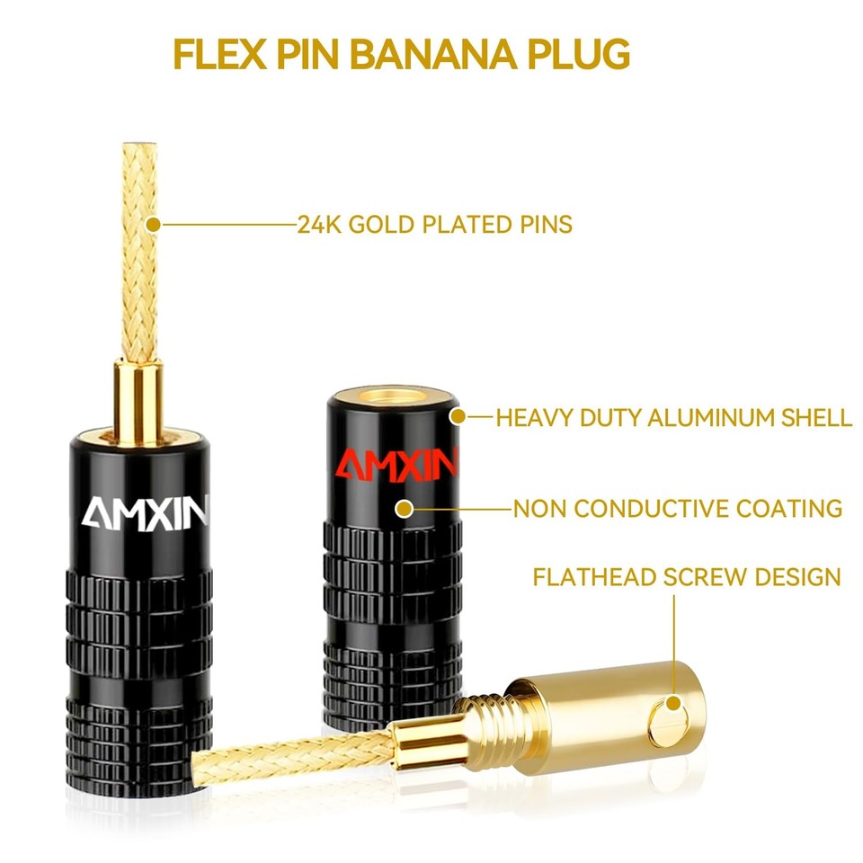 Amxinwang Flex Pin Banana Plugs for Speaker Wire (12 Pairs, 24 Pieces ...