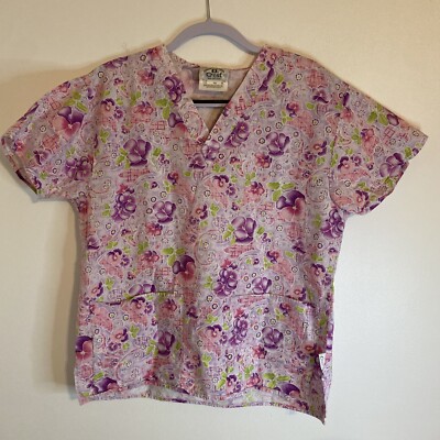 Crest Scrub Top Medical Uniform Pink Floral V-neck Small | eBay