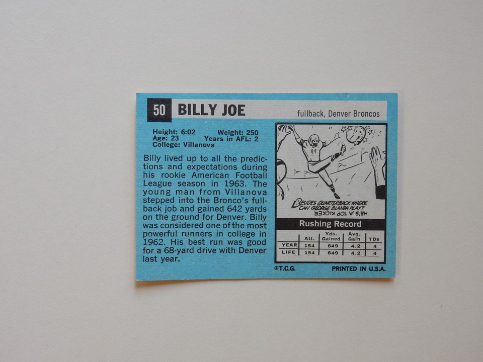 1964 Topps Football Trading Card # 50 - Billy Joe - Denver Broncos - FB ...