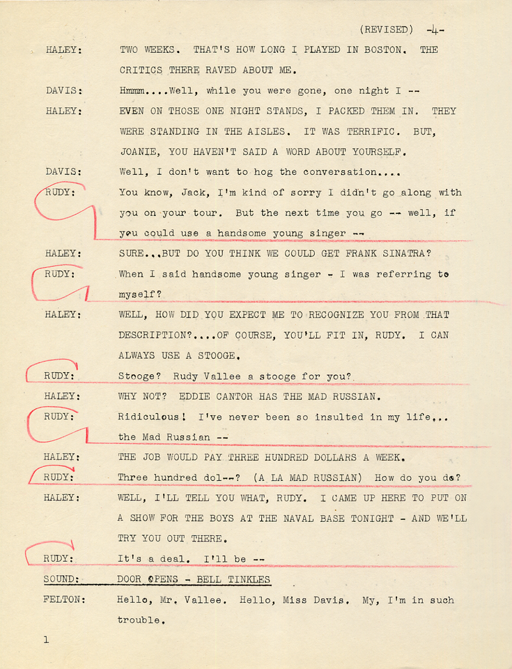 JOAN DAVIS JACK HALEY RUDY VALLEE 1943 RADIO SHOW SCRIPT w SIGNED CHECK ...