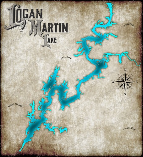 Logan Martin Lake Alabama Map 12.75x14" FREE SHIPPING! | eBay