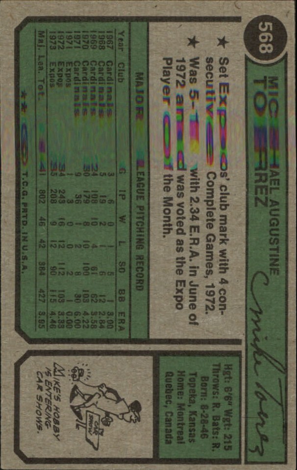 1974 Topps Montreal Expos Baseball Card #568 Mike Torrez - VG-EX | eBay