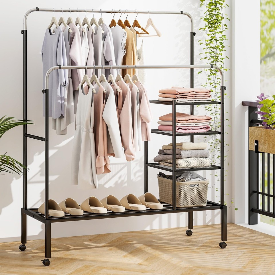 Rolling Double Rods Garment Rack, Clothes Drying Rack with Height ...