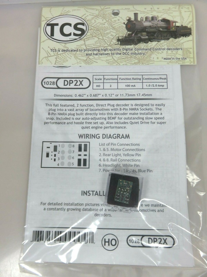 Train Control Systems TCS #1028 DP2X HO Scale 8 Pin DCC Decoder 2 ...