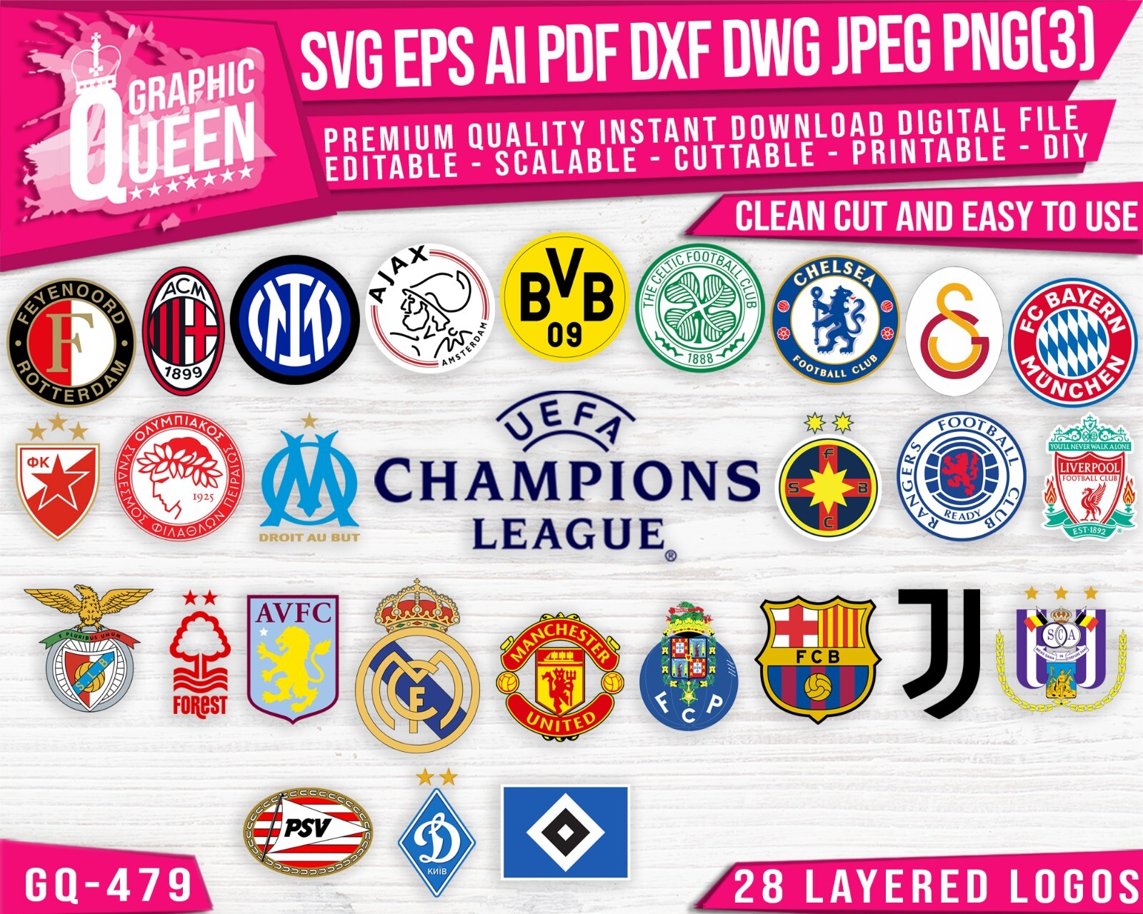 28 UEFA CHAMPIONS League layered LOGOS Digital Download SVG DXF PNG ...