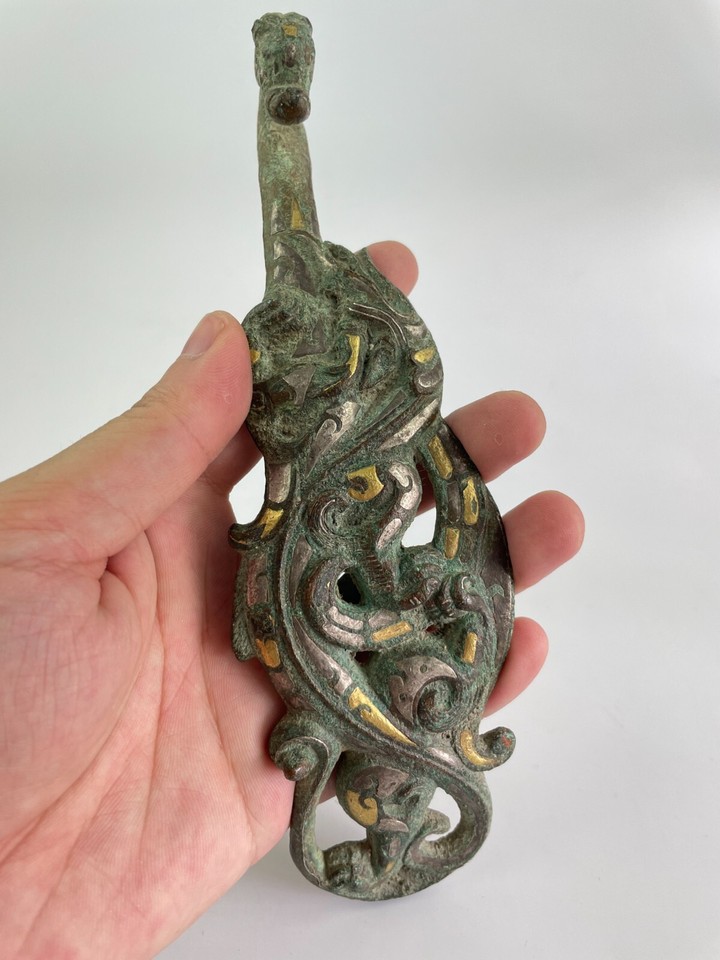 Rare Chinese Bronze Gold and Silver Inlaid Belt Hook Han Dynasty 206B.C ...