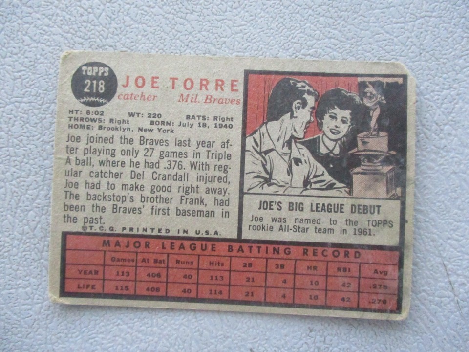 1962 TOPPS BASEBALL JOE TORRE ALL-STAR ROOKIE #218 VG (CHIP ON CORNER ...