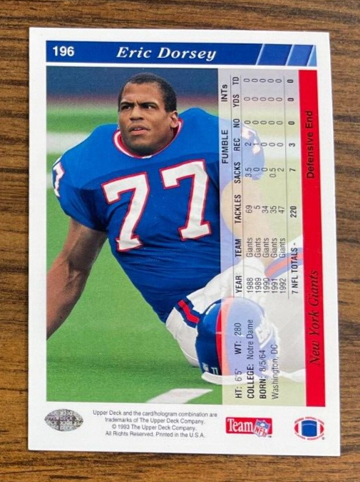 1993 Upper Deck Card # 196 Eric Dorsey - New York Giants | eBay