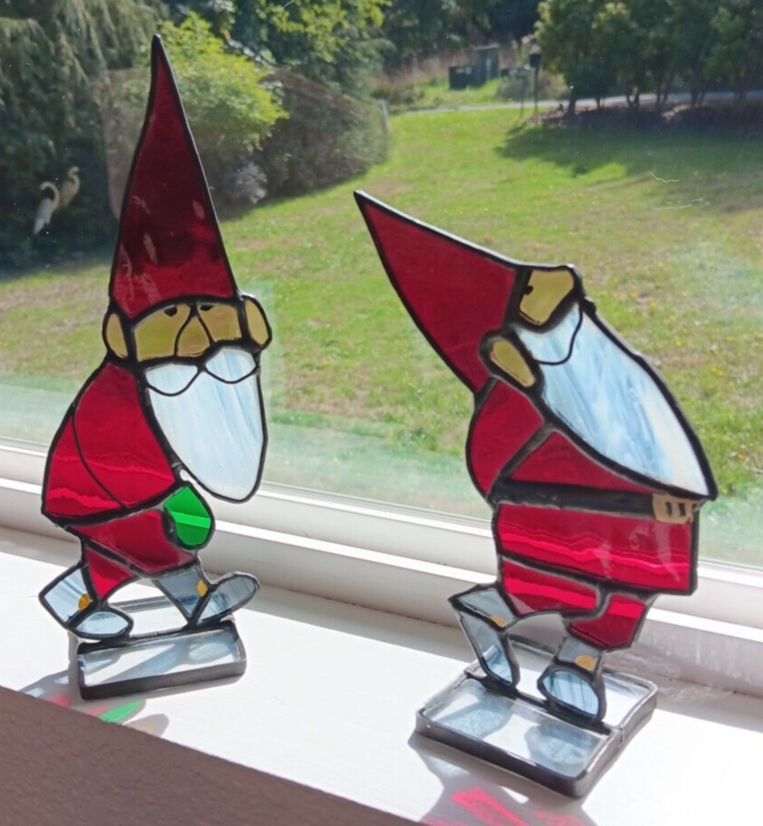 2 VTG Cute Stained Glass Christmas Elves Sun Catchers Table Top 8" & 6. ...