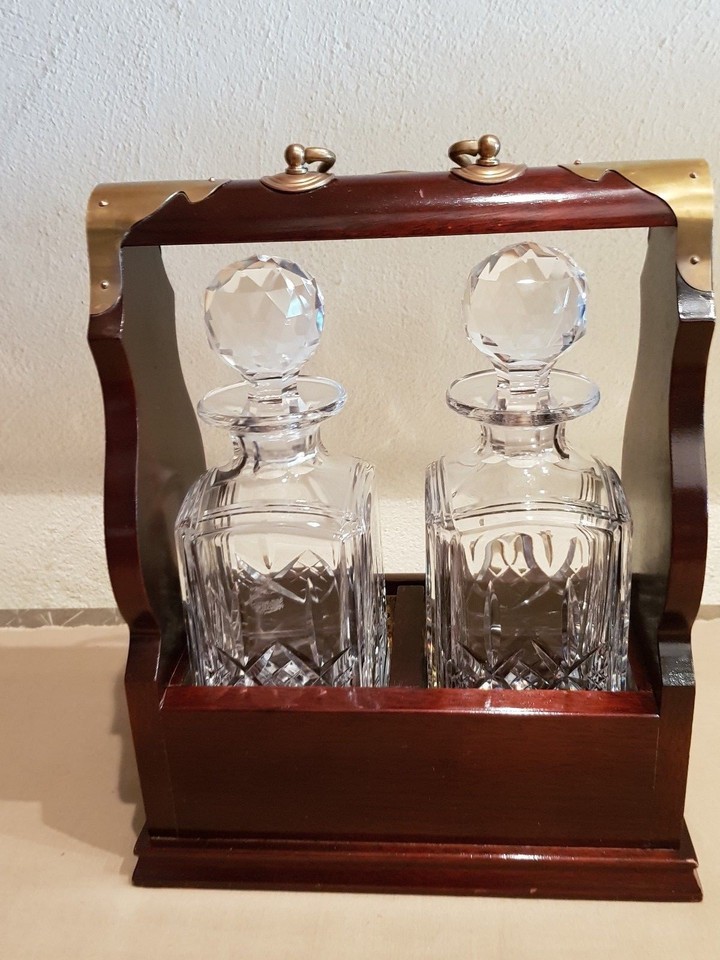 Pair of Collectable Cut glass Decanters in wooden tantalus. | eBay UK