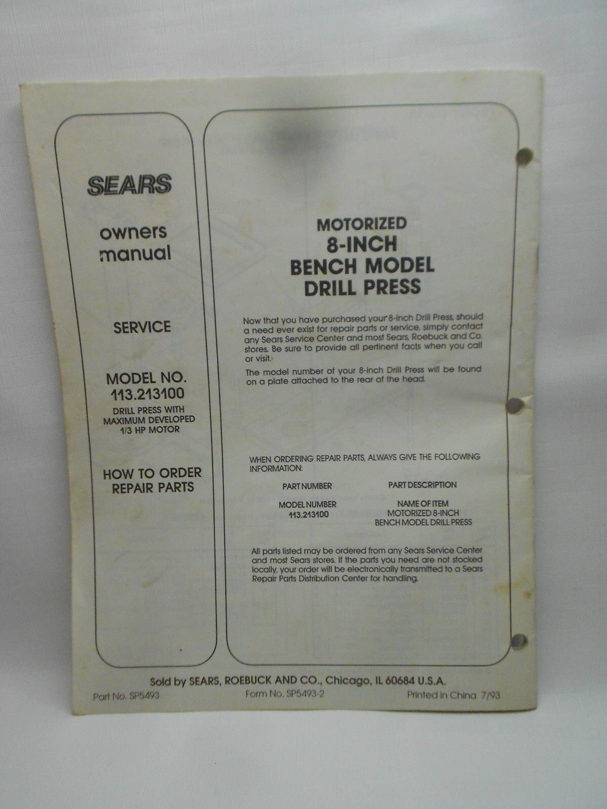 Sears Craftsman 8 Inch Bench Model Drill Press 113.213100 Owners Manual ...