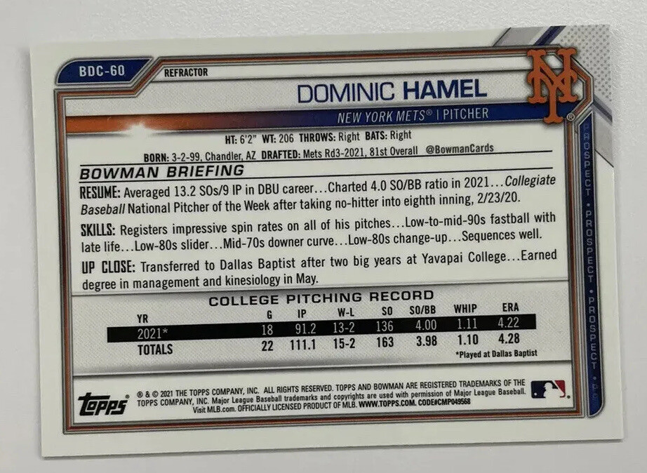 2021 Bowman Chrome Dominic Hamel 1st Bowman Silver Refractor RC 🔥 Mets ...