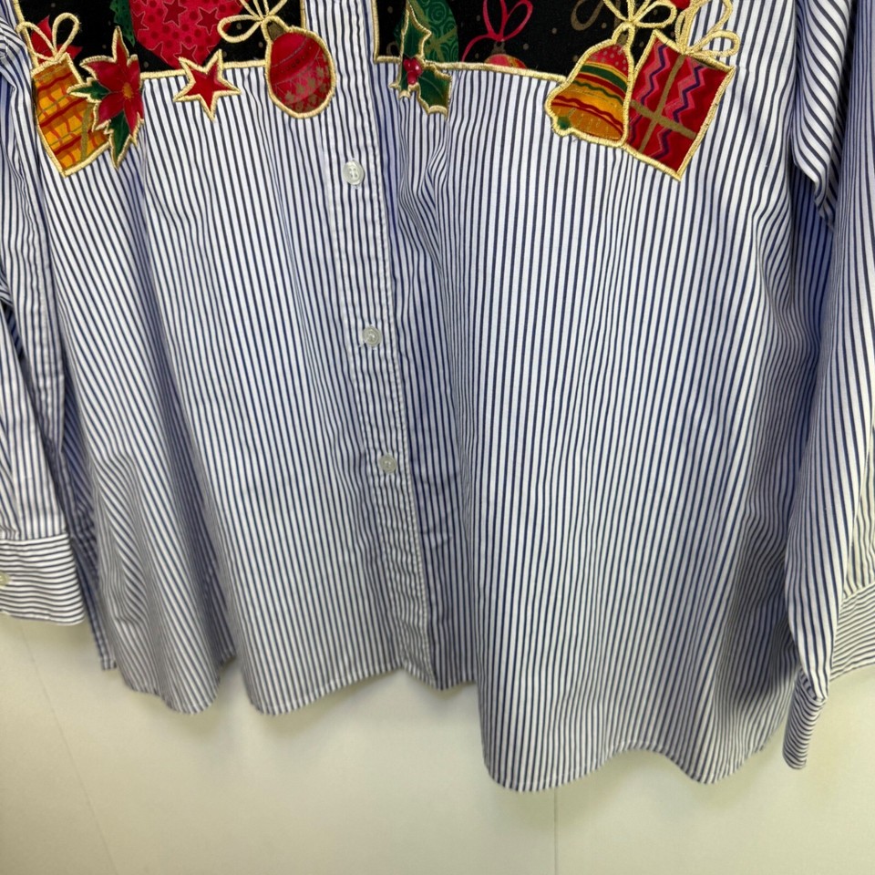 The Quacker Factory Christmas Holiday Blue Striped Button Up Shirt ...