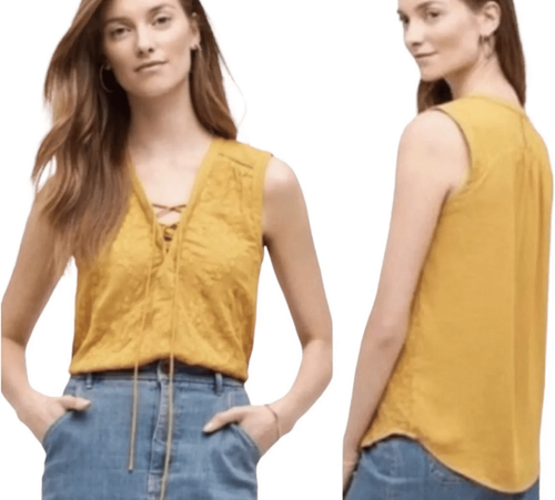 Anthropologie maeve Embroidered lace up mustard tank top 8 (M) | eBay