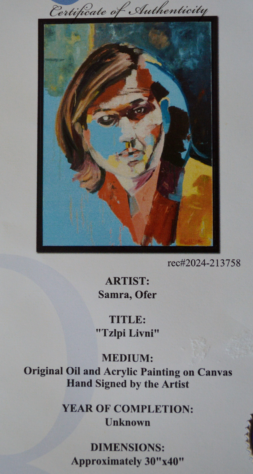 OFER SAMRA ORIGINAL OIL AND ACRYLIC PAINTING TZLPI LIVNI 30"X40" W/COA ...