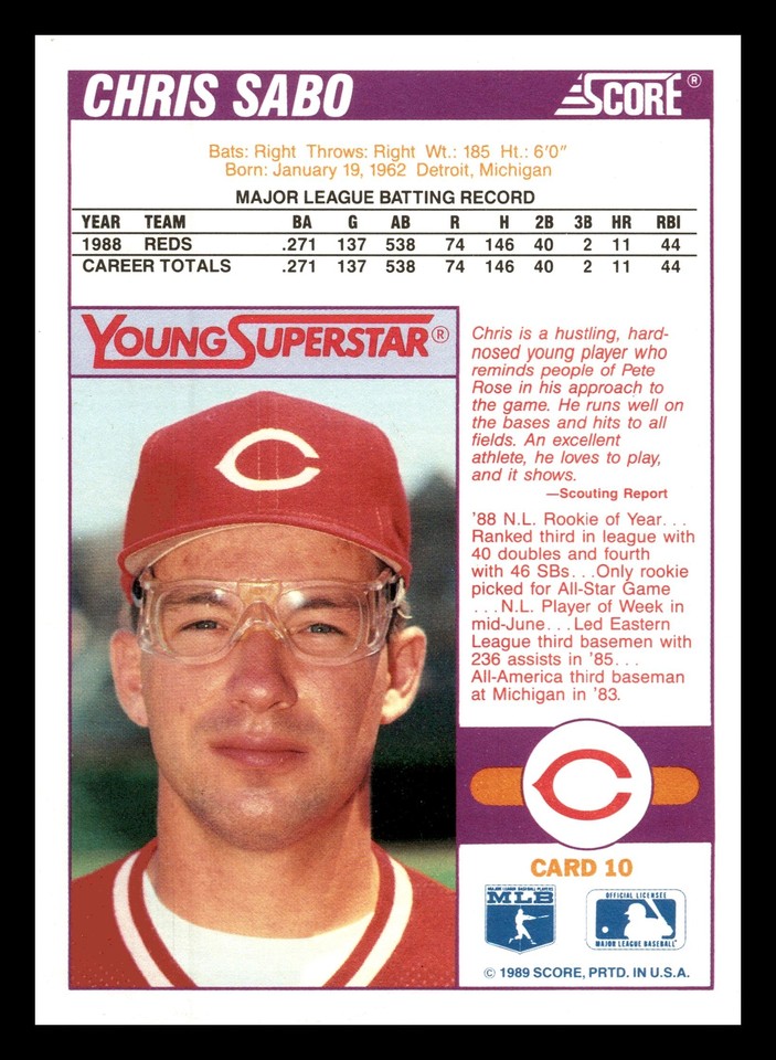 1989 Score Young Superstars 1 Chris Sabo RC #10 Cincinnati Reds Mint | eBay