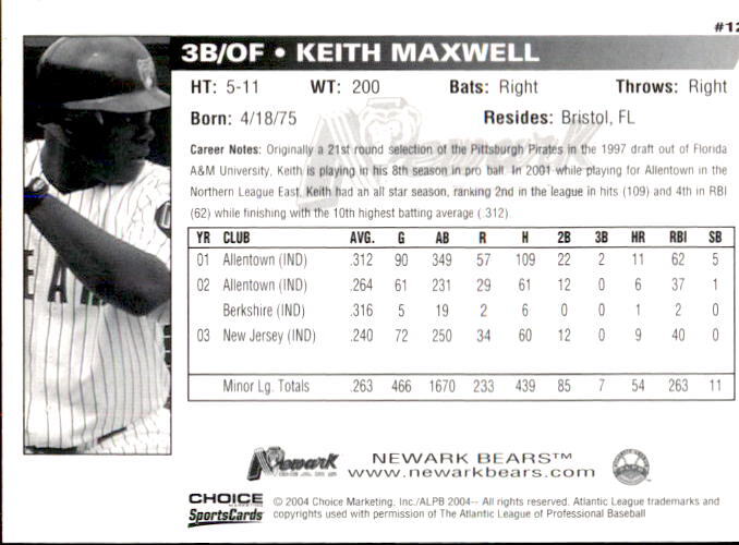 2004 Newark Bears #12 Keith Maxwell Bristol Florida FL Baseball Card | eBay