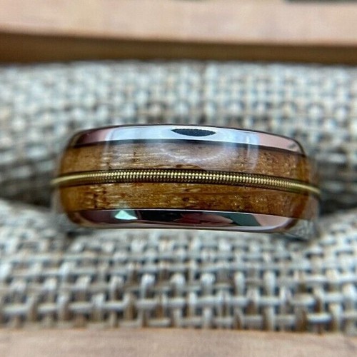 Silver Tungsten 8mm Ring with Whiskey Barrel Wood and Guitar String ...