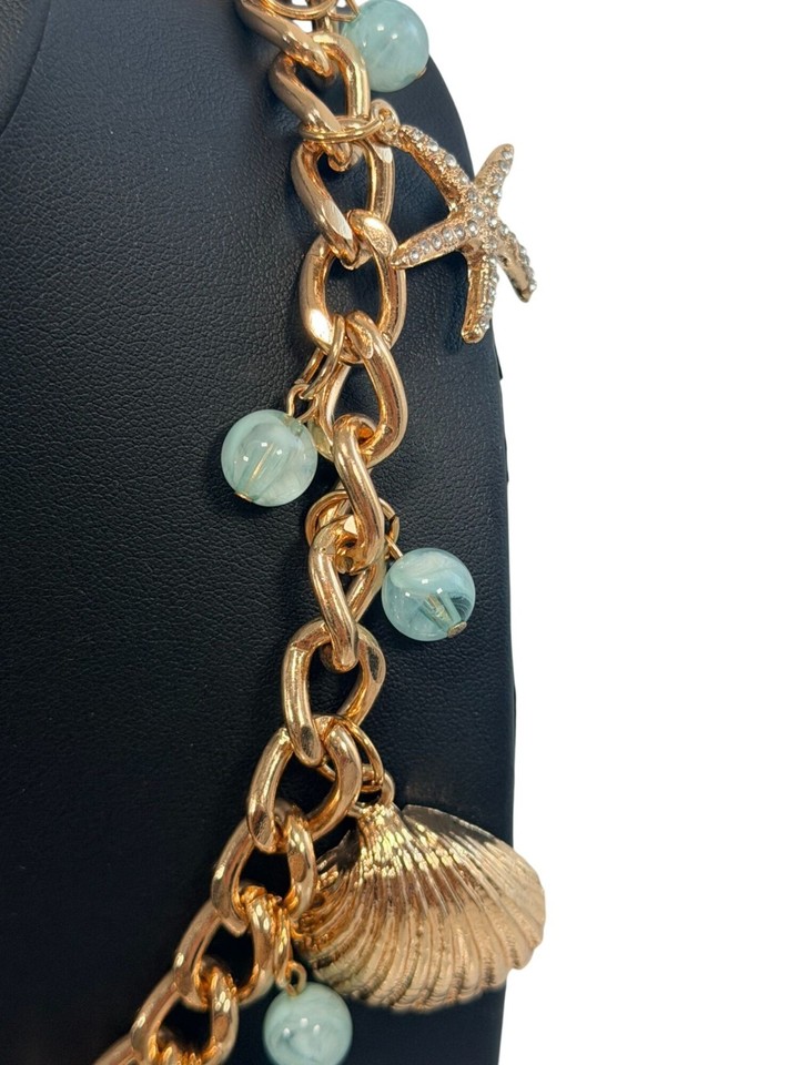 Gold Tone Mermaid Seashell Starfish Chunky Chain Charm Necklace With ...