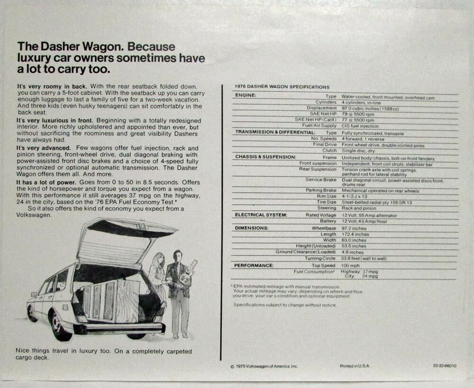 1976 Volkswagen VW Dasher Wagon Spec Sheet | eBay