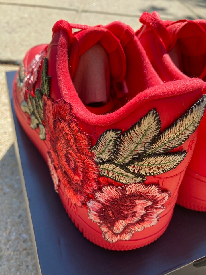 Nike Air Force 1 "Triple Red Long Floral Rose" Flower Custom Shoes Mens ...
