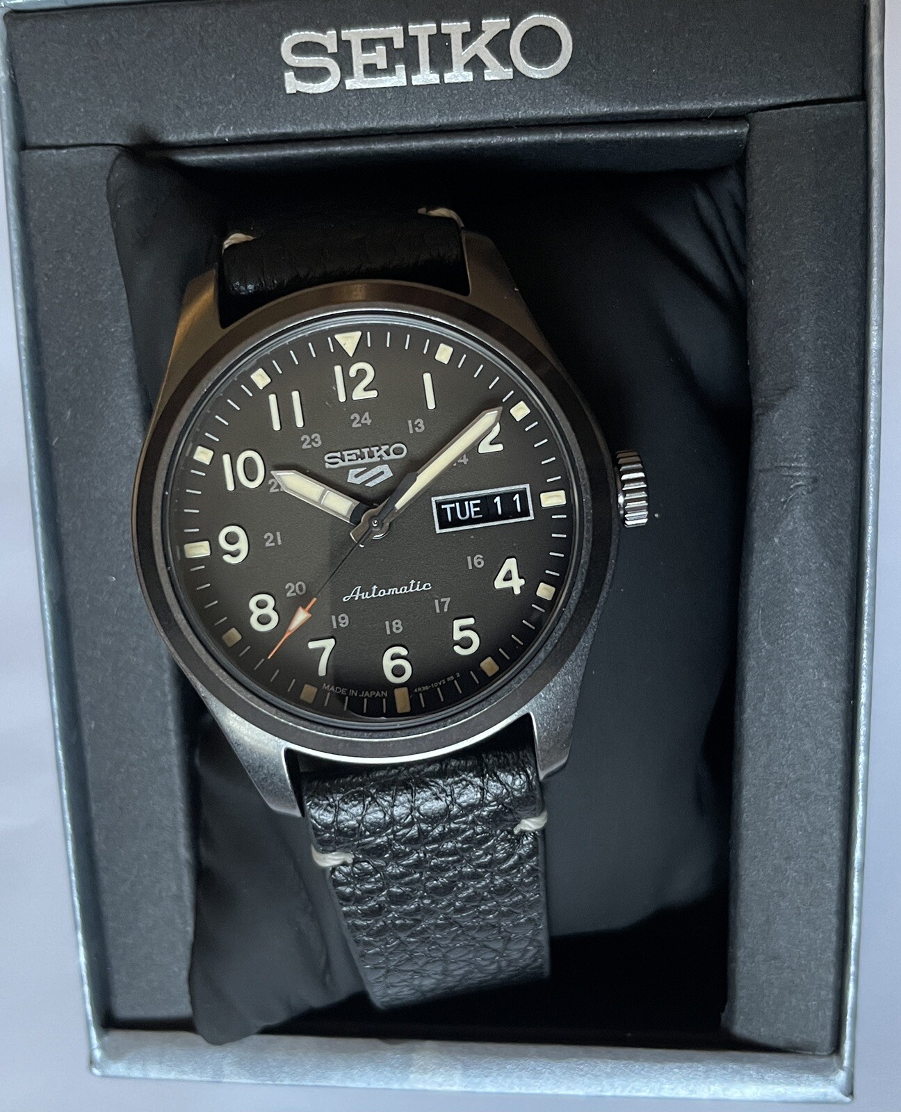 Seiko 5 Automatic Watch 100 Meter Day Date Black Dial SRPG41 Leather ...