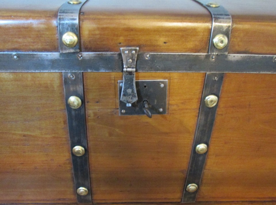Antique Steamer trunk vintage brass studded stagecoach chest restored C ...