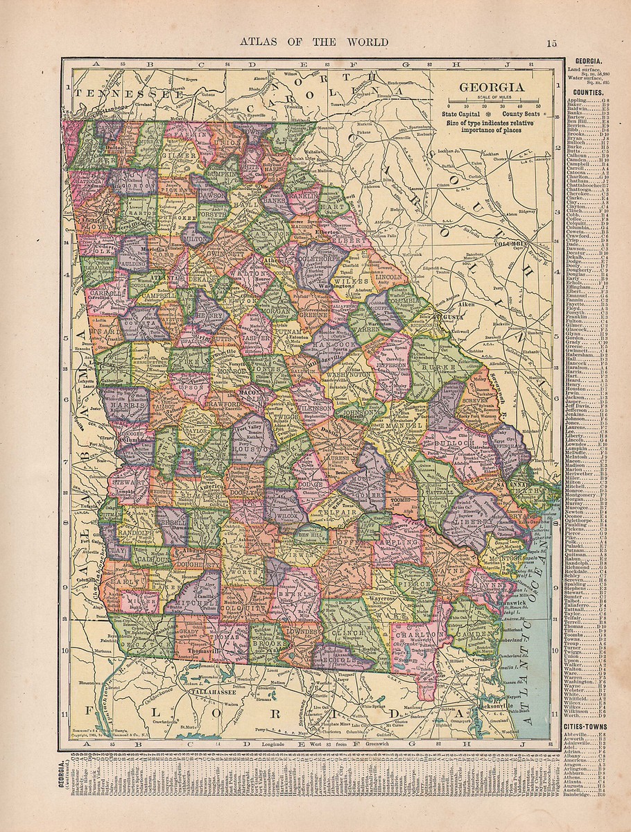 Names Of Cities In Georgia 1909 MAP ~ GEORGIA STATE WITH COUNTIES