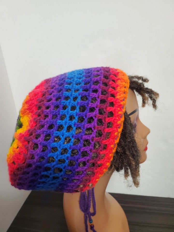 Rainbow Crochet Flower Tam Slouch Hat With Drawstring Handmade One Size ...