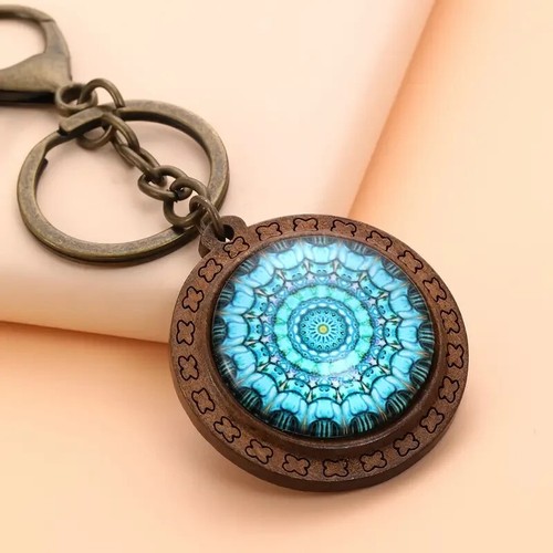 4.5" Handmade Wood Mosaic Geometric Keychain Bronze-Tone New Free Ship ...