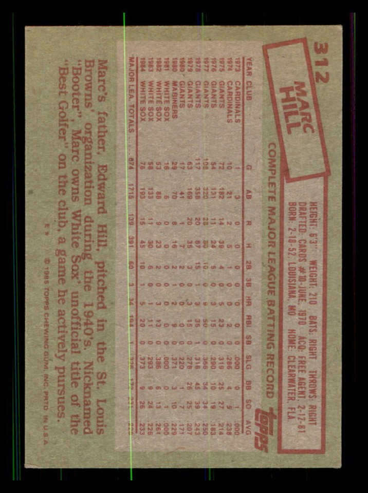 1985 Baseball 1985 Topps Marc Hill Chicago White Sox #312 1 | eBay