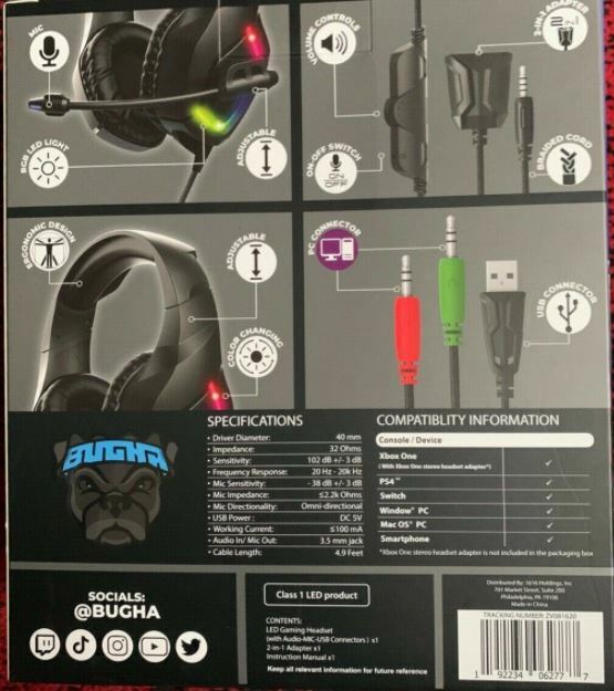 NEW Bugha exclusive LED gaming headset w/ boom mic, 3.5mm aux-in + PC ...