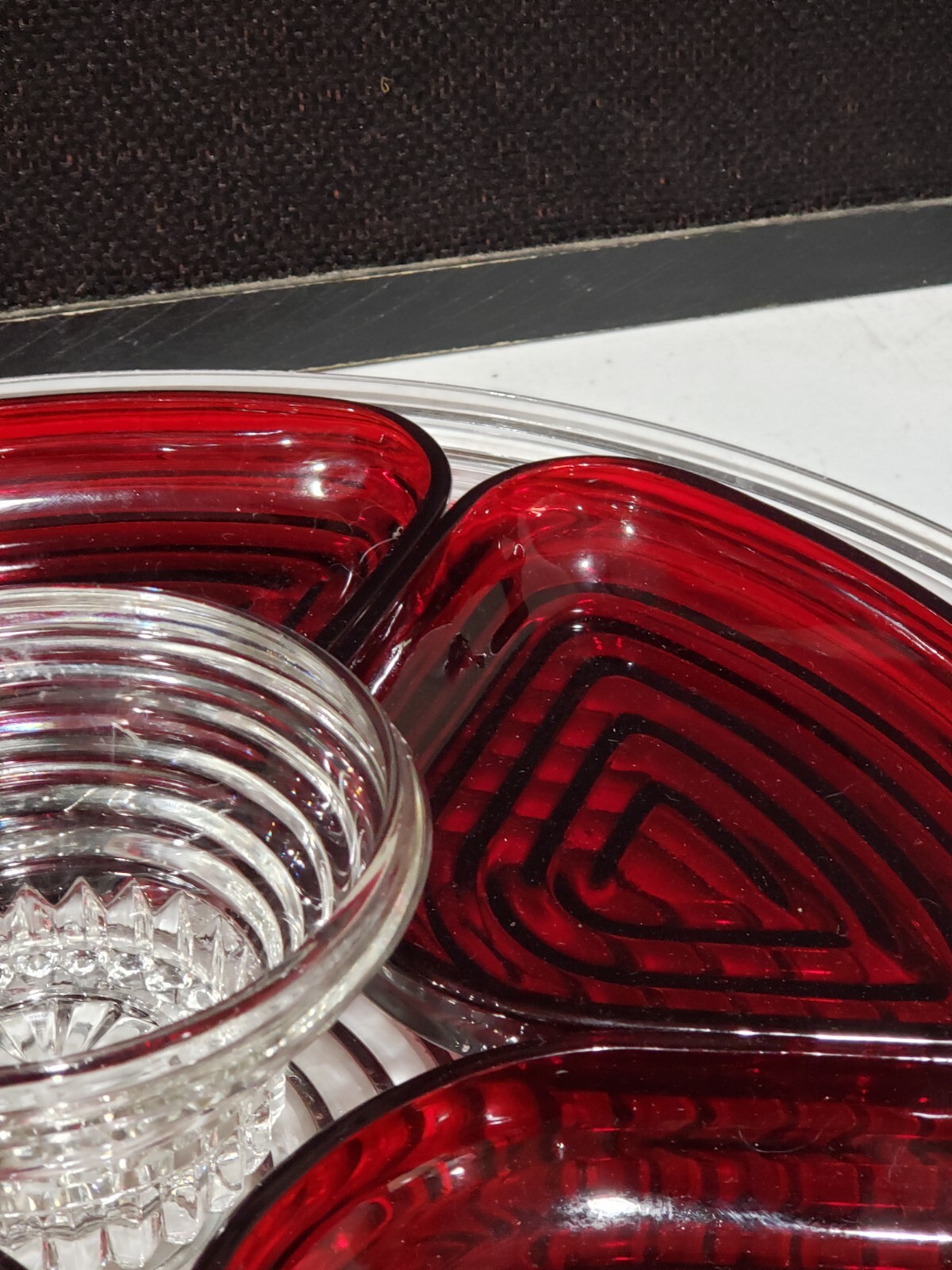 14" Anchor Hocking MANHATTAN Glass Relish Tray WITH ROYAL RUBY Relish ...