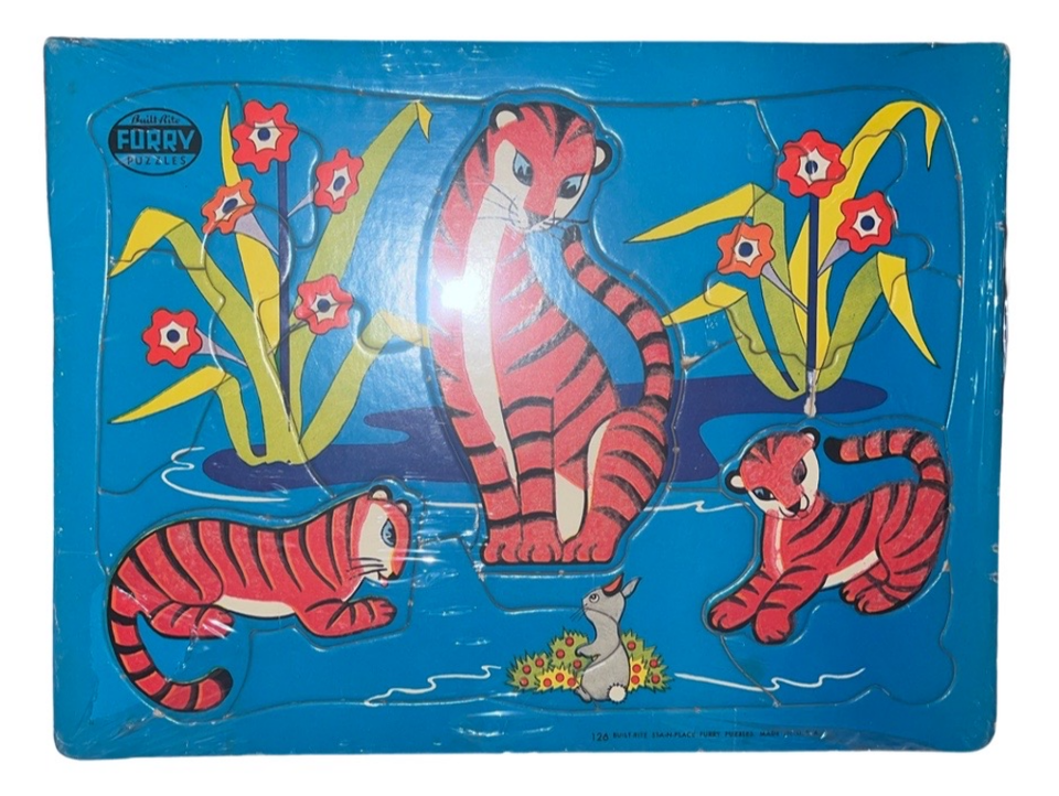 Vintage Cardboard Fuzzy Tiger Puzzle Built Rite. Orange Tiger Mom and ...