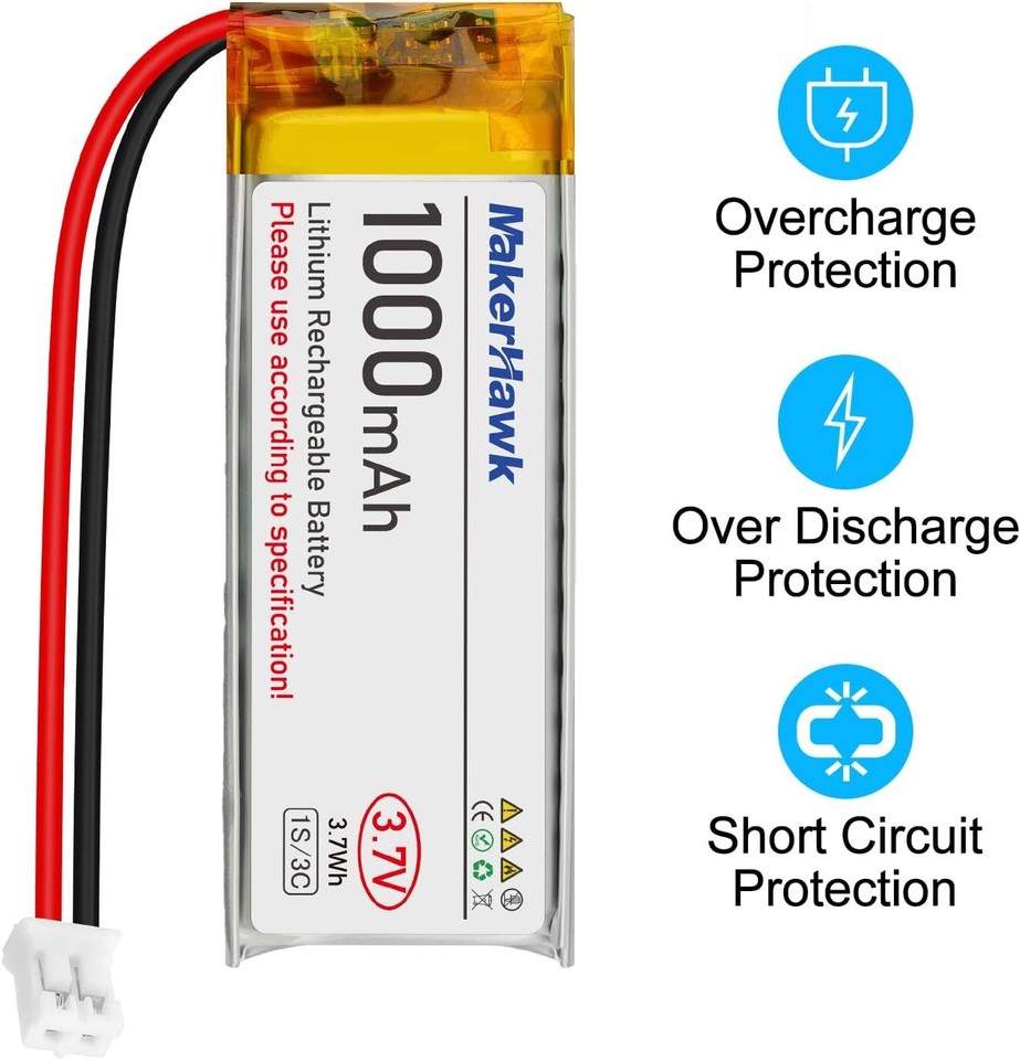 4 Pcs 3.7V 1000mAh 1S 3C Rechargable Lipo Lithium Battery w/Micro JST ...